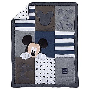 Disney Mickey Mouse 4 Piece Hello World Denim/Star/Icon Nursery Crib Bedding Set, Navy, Grey, White