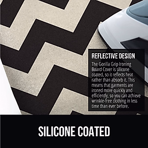 The Original GORILLA GRIP Ironing Board Cover, Silicone Coating, Full Size Scorch Resistant Padding, Elastic Edge, Iron Pad Covers Standard Boards, Hook and Loop Fastener Strap, Chevron Black Linen