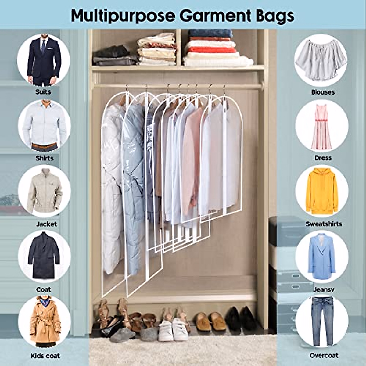 Garment Bags for Hanging Clothes, SMINDER Clear Plastic Bags Full Zipper Suit Bags PEVA Breathable Lightweight Garment Covers for Closet Storage, Suitable for Shirts, Jackets, Gowns (24" x 32"/8 Pack)