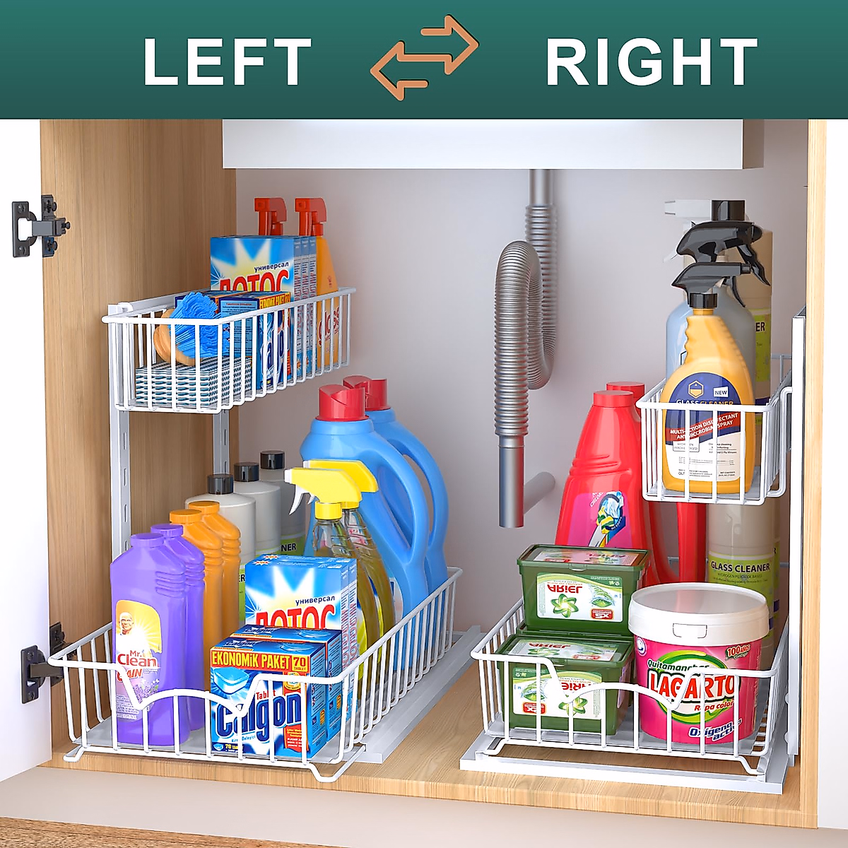 Beainbox Under Sink Organizer, Adjustable Metal Under Sink Storage, Put Out Sink Cabinet Organizer of Kitchen Bathroom