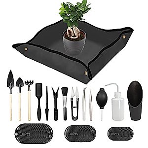 FLMOUTN Foldable Plant Repotting Mat, Gardening Mat with 13Pcs Mini Garden Tools Set and 30Pcs Pot Hole Mesh Pads, Succulent Tool Set for Indoor Miniature Fairy Garden Plant Care