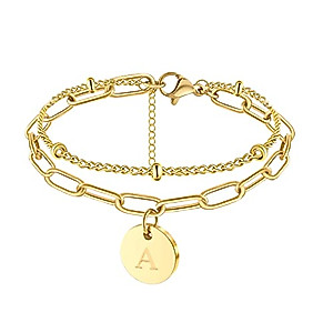 JoycuFF Gold Initial Bracelets for Women Gifts for Teen Girls 18K Gold Plated Layered Alphabet Charm Bracelet Adjustable Papercilp Link Chain Letter A Jewelry for Her