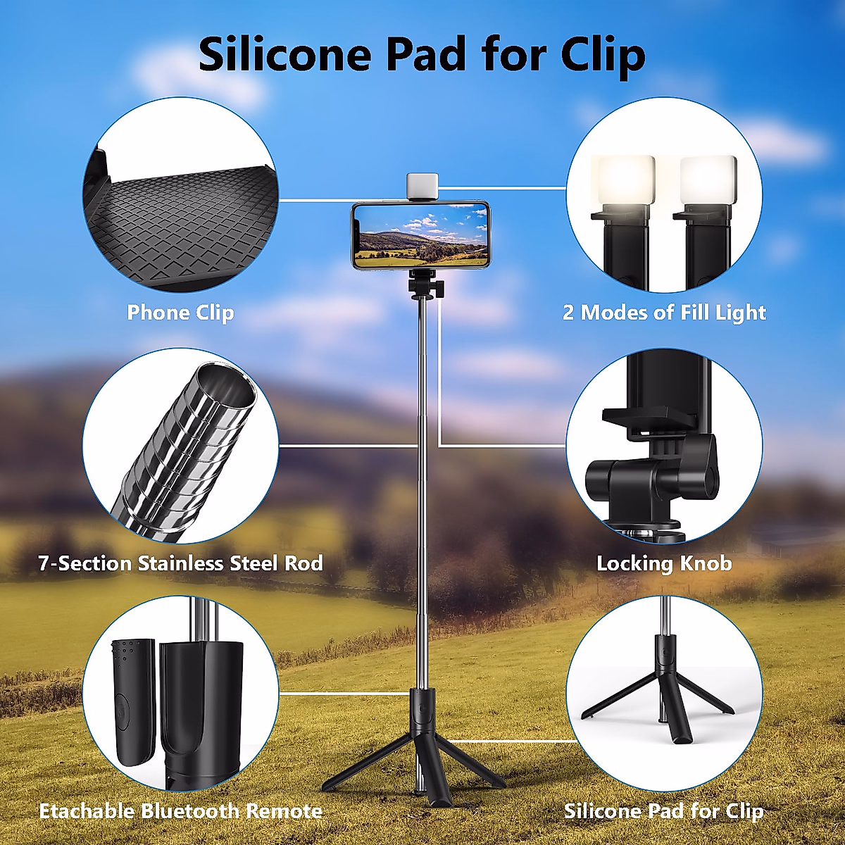 Selfie Stick, 40 in Retractable Phone Tripod with Wireless Remote Control & Light, Portable Selfie Stick Tripod for Photograph, Live Streaming, Video Recording, Compatible with All Cellphones