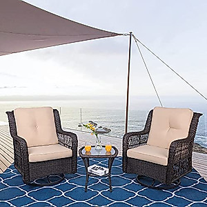 MEETWARM 3-Piece Patio Wicker Conversation Bistro Set Cushioned, Outdoor Swivel Rocking Chairs Rattan Furniture Sets with Thickened Cushion and Glass-Top Coffee Table (Beige)