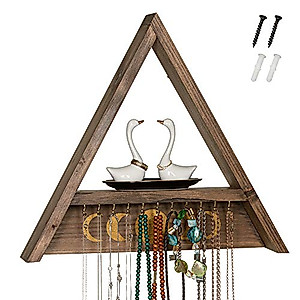 Rustix Rustic Wooden Hanging Jewelry Wall Organizer Triangle Shelf with Moon Phases and Small Hooks for Earring, Necklace, Crystal Display, and Small Decor