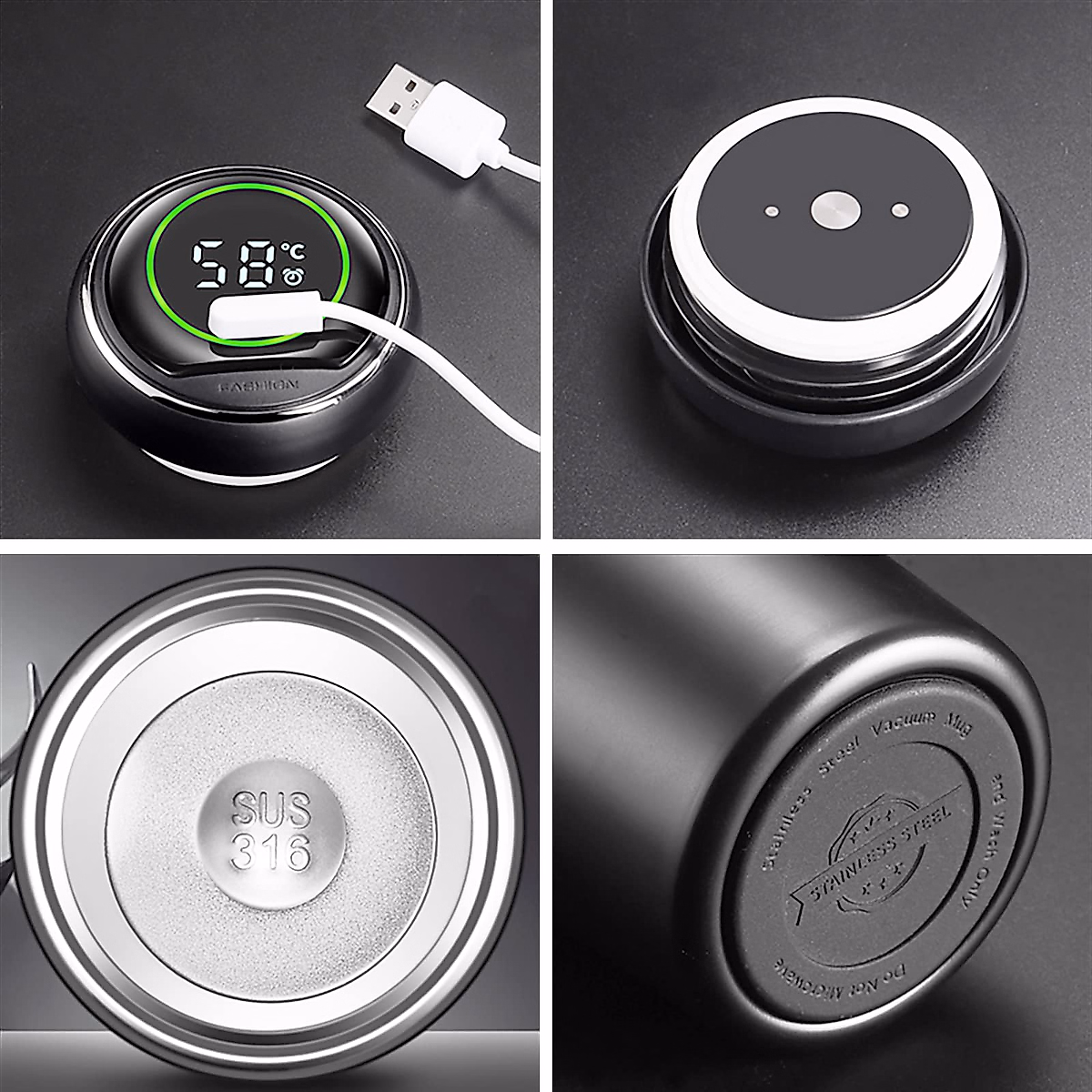 By Luck Temperature Display Water Bottle 16oz - Vacuum Insulated Thermos Bottles, Leakproof, BPA Free, Double Walled Reusable Travel Mug for Keep Hot/Ice Coffee, Tea (Black)