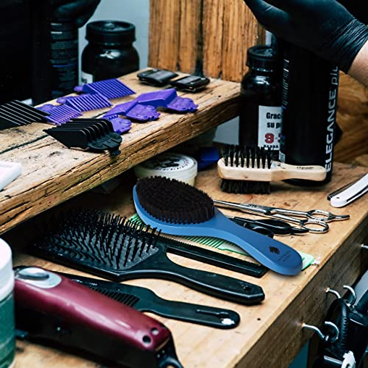 IMPERIAL MANE Medium Curved Brush for Men - 360 All-Purpose Boar Bristle Brush for Waves, Thin and Normal Hair Cultivating, Polishing (Blue)