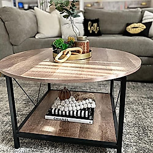 YITAHOME Round Coffee Table,Wood Coffee Table for Living Room,2-Tier Rustic Farmhouse Circle Coffee Table with Sturdy Metal Legs Storage Shelf,Grey Wash