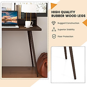 Tangkula Mid Century Desk with Hutch, 48” Writing Study Desk with PE Rattan Storage Cabinet & Shelves, Laptop PC Desk with Rubber Wood Legs, Compact Computer Workstation for Home Office (Brown)