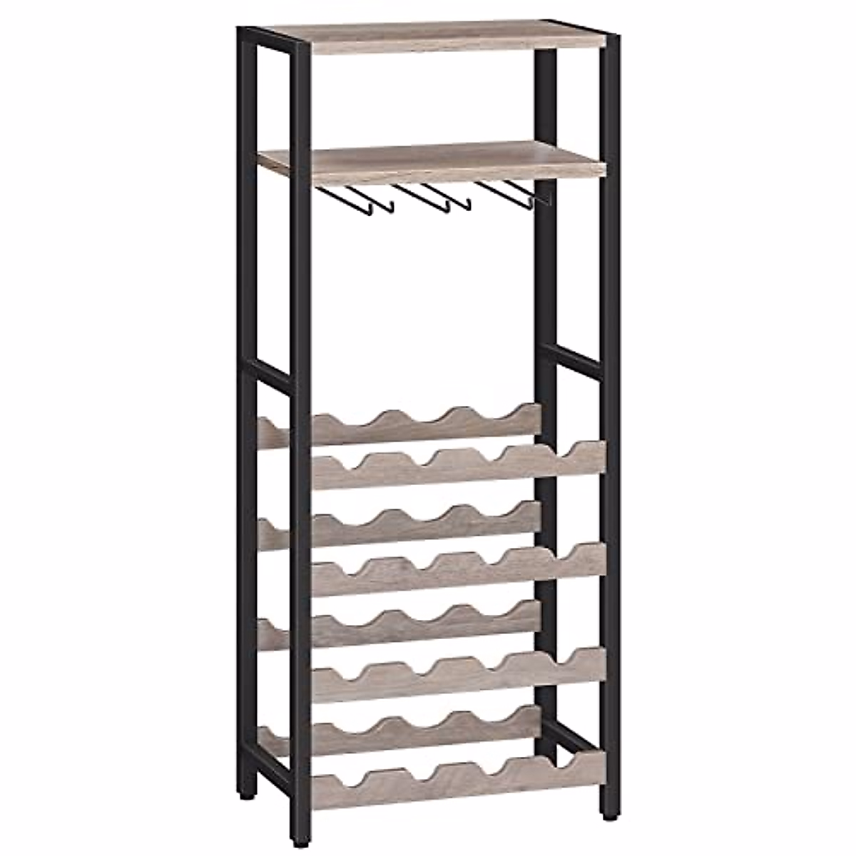 HOOBRO Freestanding Wine Rack, 16-Bottle Wine Storage Rack with Tabletop and Glass Holder, 6-Tier Bar Rack, for Kitchen, Bar, Dining Room, Greige and Black BG04JJ01