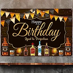 Whisky Birthday Backdrop Banner Decor Black - Whisky Cheer & Beer Theme Aged to Perfection Happy Birthday Party Decorations for Men Women Supplies, 3.9x5.9 ft