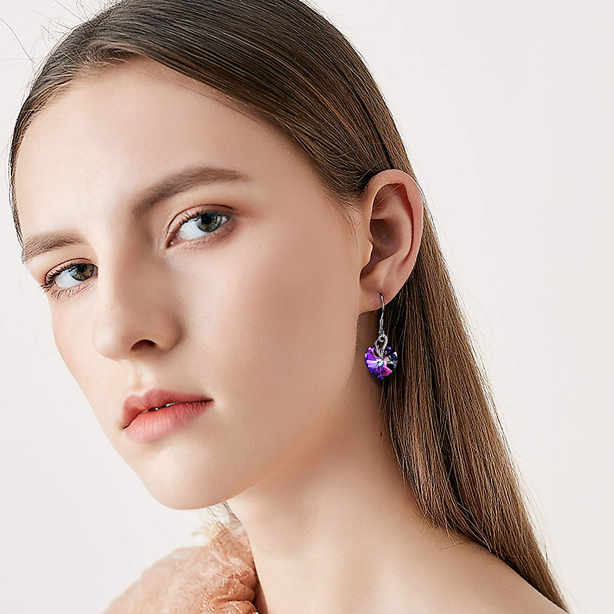 AOBOCO Sterling Silver Purple Crystal Dangle Earrings for Women Heart Love Jewelry Gifts Mothers Day for Mom Wife Daughter (Angle Love Pp)