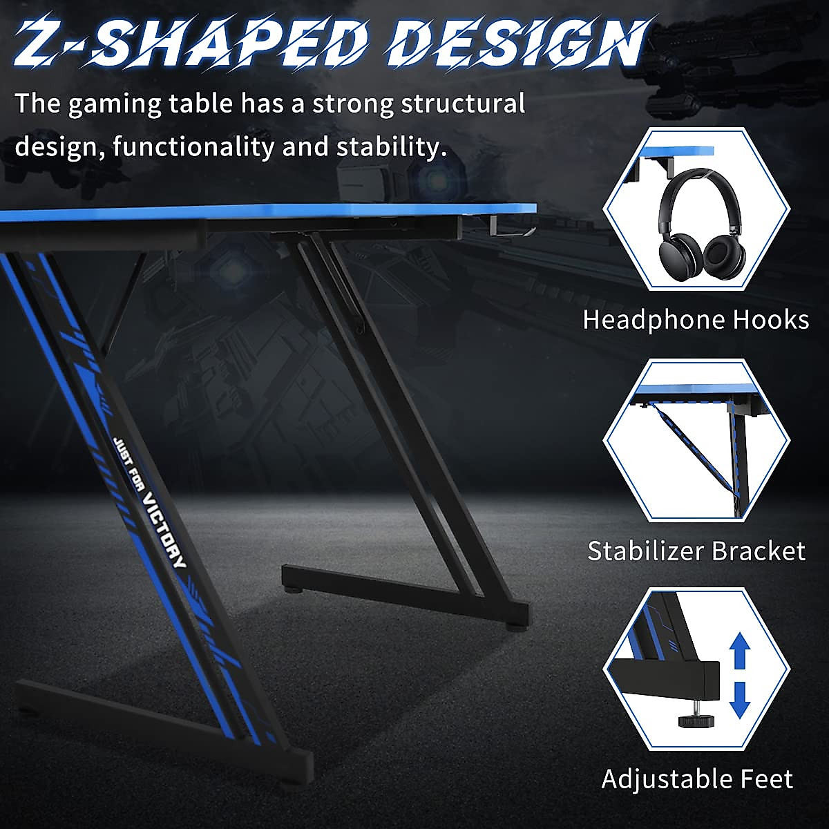47" Gaming Desk Z Shaped Gaming Table Large Home Office Desks PC Computer Desk Workstation Ergonomic Gamer Table Writing Desk with Headphone Hook for Game Player Boyfriend Gift, Blue