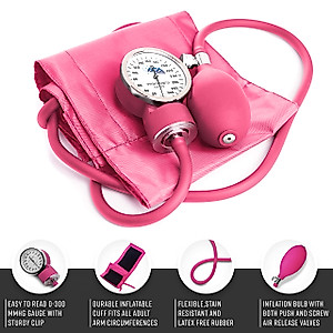 ASA TECHMED Dual Head Sprague Stethoscope and Sphygmomanometer Manual Blood Pressure Cuff Set with Case, Gift for Medical Students, Doctors, Nurses, EMT and Paramedics, Pink