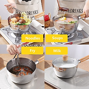 DEAYOU Stainless Steel Saucepan with Glass Lid, 2 Quart Yukihira Sauce Pan with Wood Handle, Traditional Japanese Snow Pan Pot with Two Side Spouts for Cooking, Noodles, Soups, Hot Milk, 8"