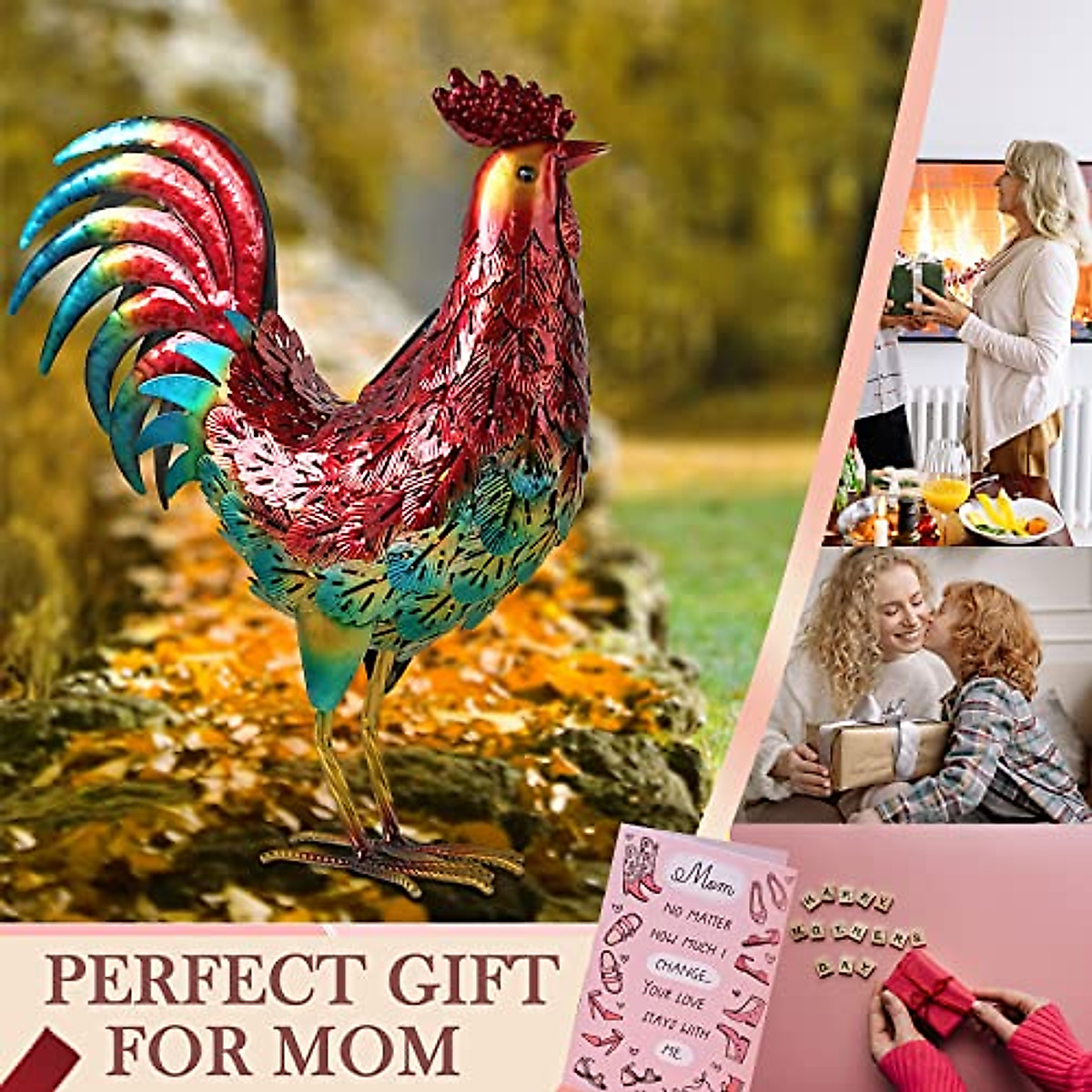 Kircust Solar Metal Rooster Animal Lights Garden Sculptures Art Decor, Outdoor LED Light Color Chicken Statue for Farm Patio Lawn Back Yard Home Decorations,13.98" WX5.9 DX16.74 H