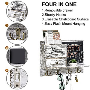 BEWISHOME Key Holder for Wall Decorative Mail Organizer Wall Mount with 4 Double Key Hooks, Wood Mail Holder with Shelf, Drawer, Chalk, Rustic Farmhouse Wall Shelf with Hooks, White, YYJ01W