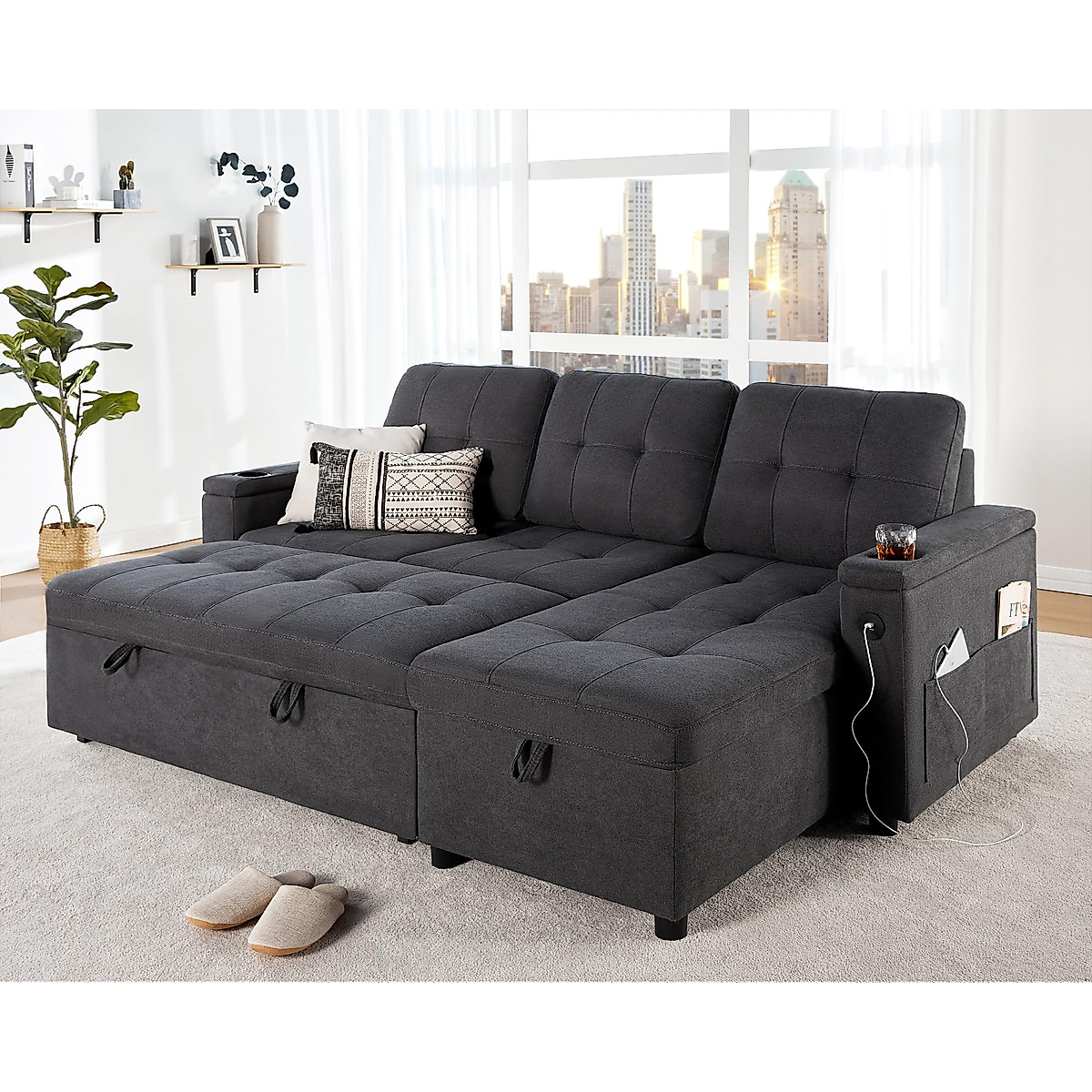 VanAcc Sleeper Sofa, Pull Out Couch Bed with USB Charging Port & Cup Holders, L-Shaped Sectional Couch with Storage Chaise, Comfy Couch for Living Room (Dark Grey)