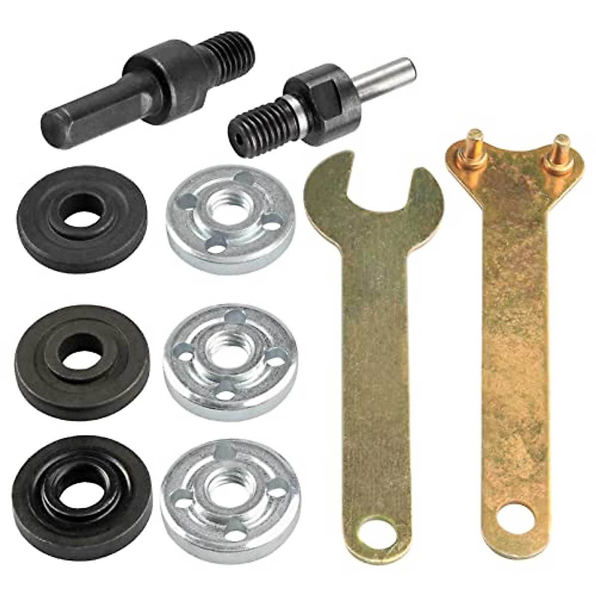 Yakamoz Drill Angle Grinder Adapter with Flange Nut Parts Set, 6mm and 10mm Drill Arbor Mandrel Adaptor with 3 Set Replacement Grinder Flange Nuts and Spanner Wrench Conversion Tool