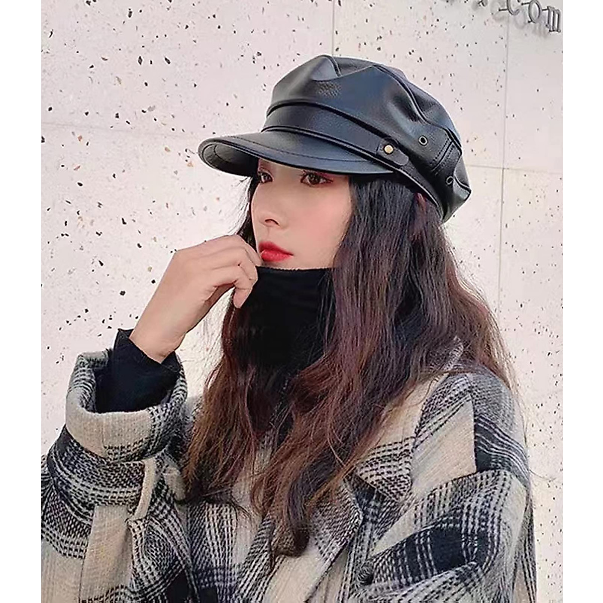 Brcus Women Yacht Captain Sailor Hat PU Newsboy Cabbie Baker Boy Peaked Beret Cap Black#2