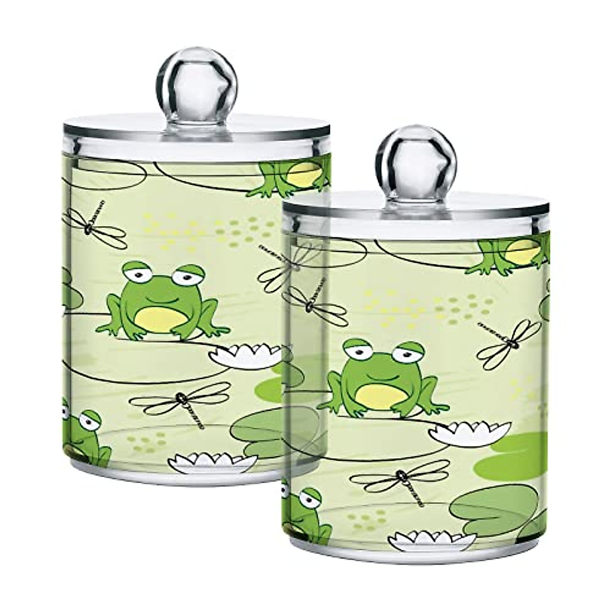 xigua 2 Pack Qtip Holder Dispenser with Lids Frog Lotus Dragonfly Clear Plastic Jar Set for Bathroom Canister Storage Organization,Vanity Makeup Organizer#287