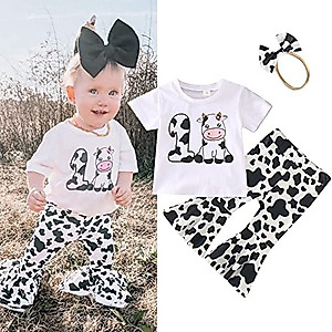 Cute Toddler Girls Short Sleeve Top&Trousers Cartoon Cow Printed Suit for Baby Kids (White, 18-24 Months)