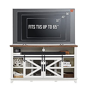 OKD Farmhouse TV Stand for 65+ Inch TV, Industrial & Farmhouse Media Entertainment Center w/Sliding Barn Door, Rustic TV Console Cabinet w/Adjustable Shelves for Living Room, Antique White