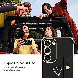 Telaso Samsung Galaxy S23 Plus Case, Galaxy S23 Plus Phone Case Love Heart Cute Case with Wristband Kickstand Holder Soft TPU Plating Bumper Protective Slim Phone Case Cover for Girls Women, Black