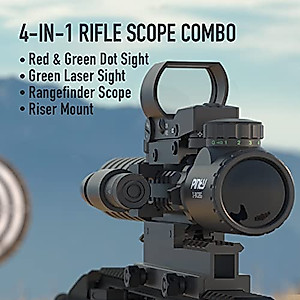 Pinty 4-in-1 Rifle Scope Combo, 3-9x32 Rangefinder Scope, Red & Green Dot Sight, Green Laser, 14 Slots Riser