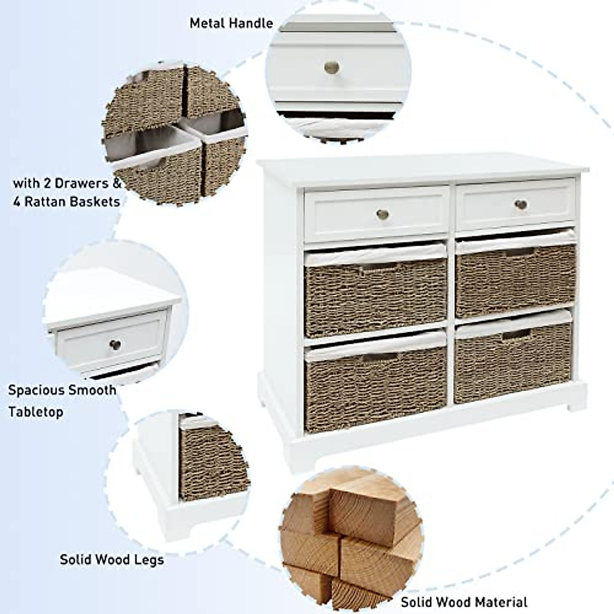 Babion Storage Cabinet with Baskets, Storage Organizer with 2 Drawers and 4 Wicker Baskets, Wicker Dresser with Wooden Tabletop, White Wicker Basket Storage Chest for Closet, Bedroom, Dorm