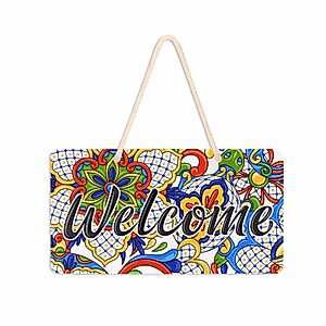 xigua Hanging Plaque Welcome Sign with String, Gate Wall Sign for Front Door Porch Garden Farmhouse Home Bar Cafe Doors Decor, Mexican Talavera Ceramic