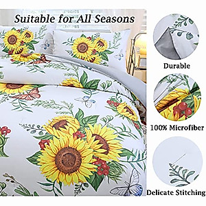 ZRNBAST 3 Pcs Sunflower Comforter Set Queen Size Butterfly Sunflower Floral on White Background, Comforter Bedding Sets Queen Size All Season Bed in A Bag with 1 Comforter 2 Pillowcases