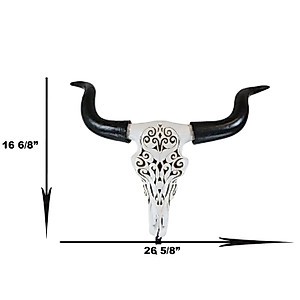Ebros 27.5" Wide Southwest Rustic Off White Steer Bison Buffalo Bull Cow Horned Skull Head With Scroll Lace Filigree Design Hanging Wall Mount Decor Native Animal Totem Bust Skulls Western Accent