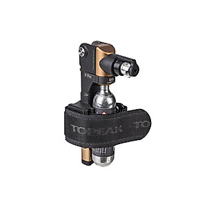 Topeak Tubi Master+, compact tubeless tire repair kit with 3.5mm plug tool, plugs, CO2 inflator, one 16g CO2 cartridge, and knife, strap mount