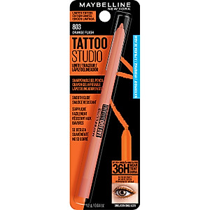 MAYBELLINE New York Tattoo Studio Long-Lasting Sharpenable Eyeliner Pencil, Glide on Smooth Gel Pigments with 36 Hour Wear, Waterproof Orange Flash 0.04 oz