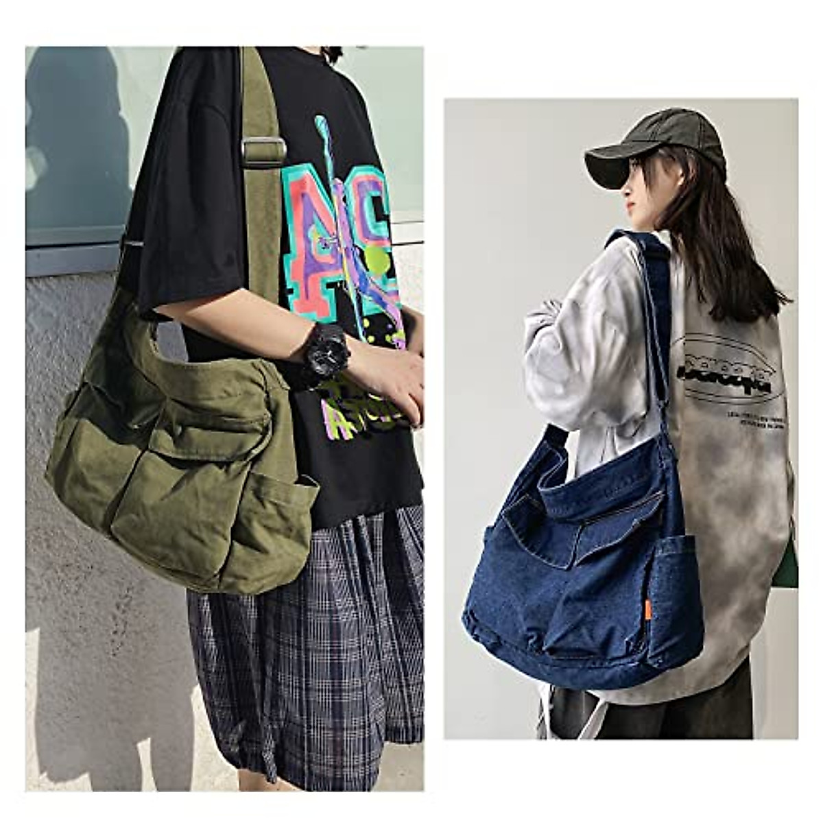 KlaOYer Canvas Messenger Bag Large Hobo Bag School Crossbody Shoulder Bag Tote Bag with Pocket for Women and Men (Green)