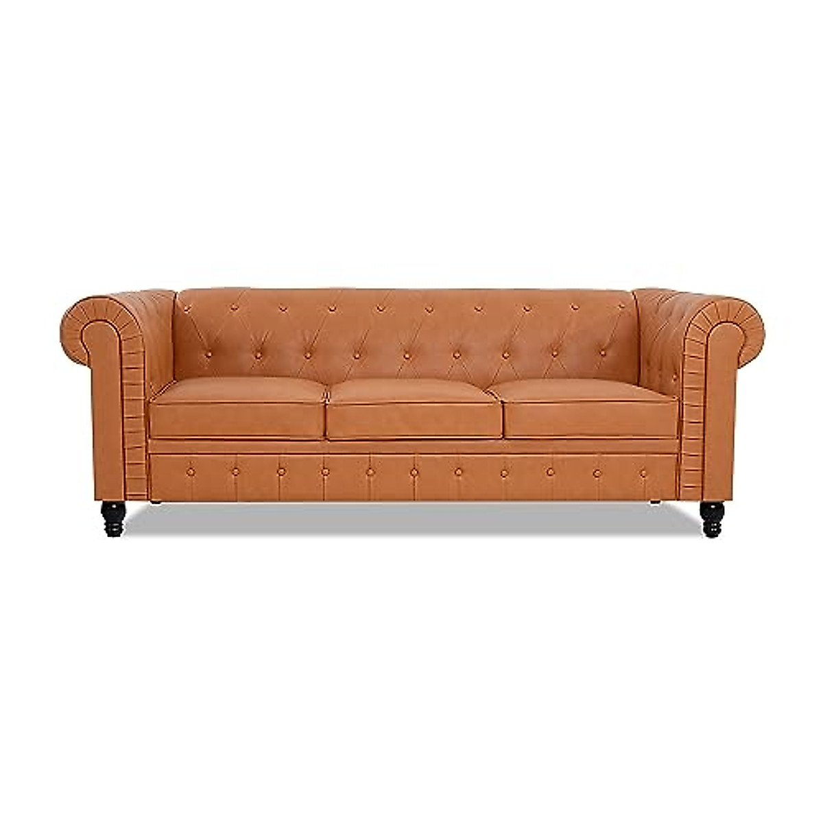 Naomi Home Emery Chesterfield Sofa with Rolled Arms, Tufted Cushions / 3 Seater Sectional Sofa Couch for Small Spaces, Living Room, Bedroom, Apartment, Easy Tool-Free Assembly, Caramel, Air Leather