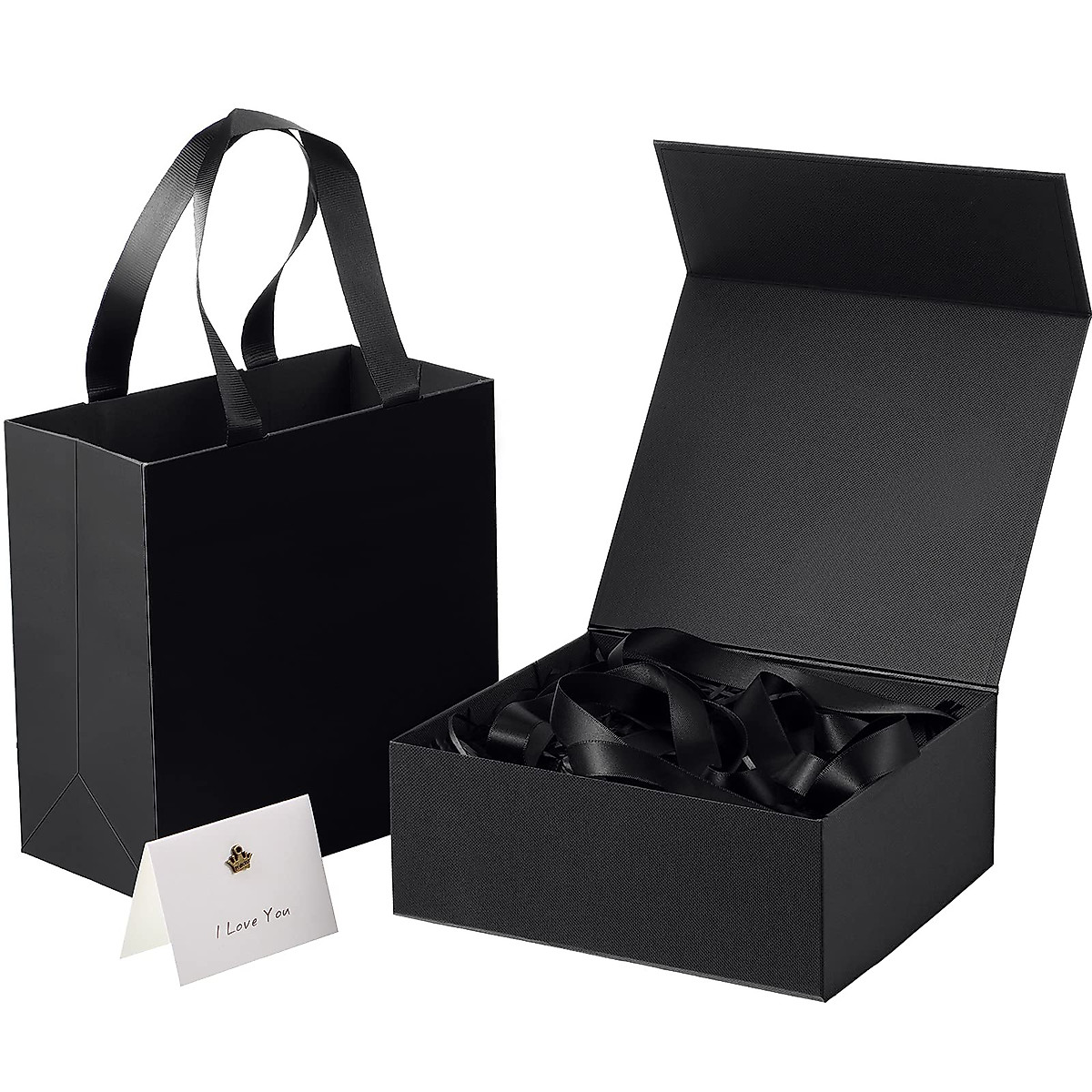 Gift Box 8 x 7 x 3 Inch,Valentines Day Present Box with Lid Paper Bridesmaids Proposal Box with Present Bag Card Ribbon Paper Filler,Gift Boxes for Presents,Wedding Birthdays Gift Packging (Black)