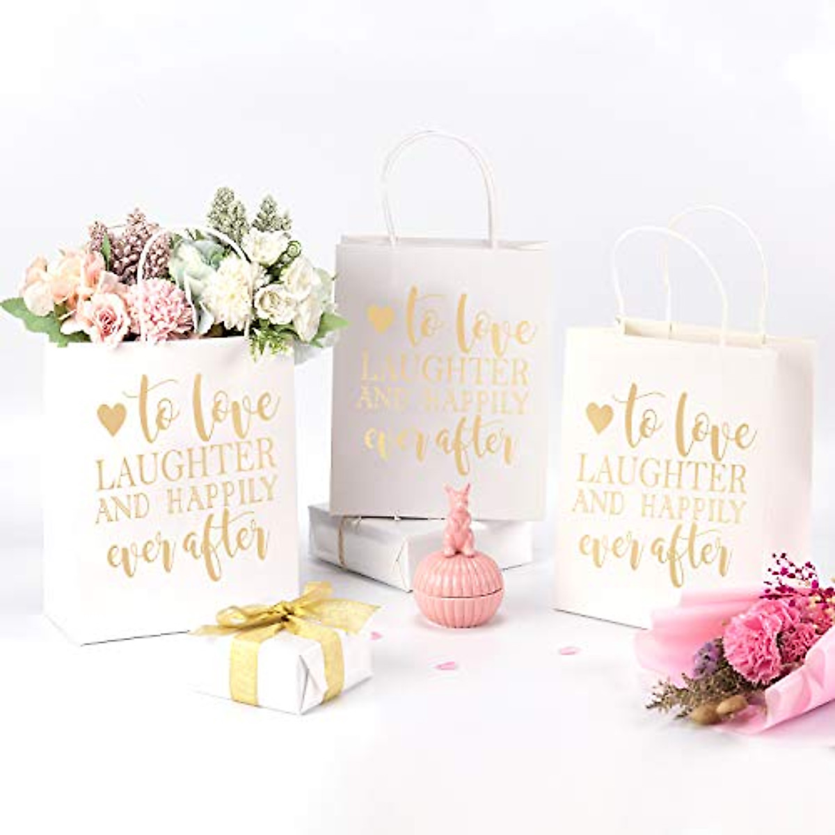 LaRibbons Medium Size Gift Bags - Gold Foil to Love Laughter and Happily Ever After White Paper Bags with Handles for Wedding, Birthday, Baby Shower, Party Favors - 12 Pack - 8" x 4" x 10"