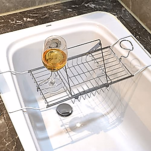 BDL Stainless Steel Bathtub Caddy Tray, Expandable Bath tub Table Shelf Bath Organizer with Reading Pad Rack or Tablet Holder, Candle Holder and Including Two Wine Glass Holders (Silver)