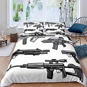 Feelyou Guns Bedding Set Firearms Ammunition Duvet Cover Set for Kids Boys Teens Submachine Gun Sniper Rifle Comforter Cover War Theme Quilt Cover Bedroom Collection 3Pcs King Size