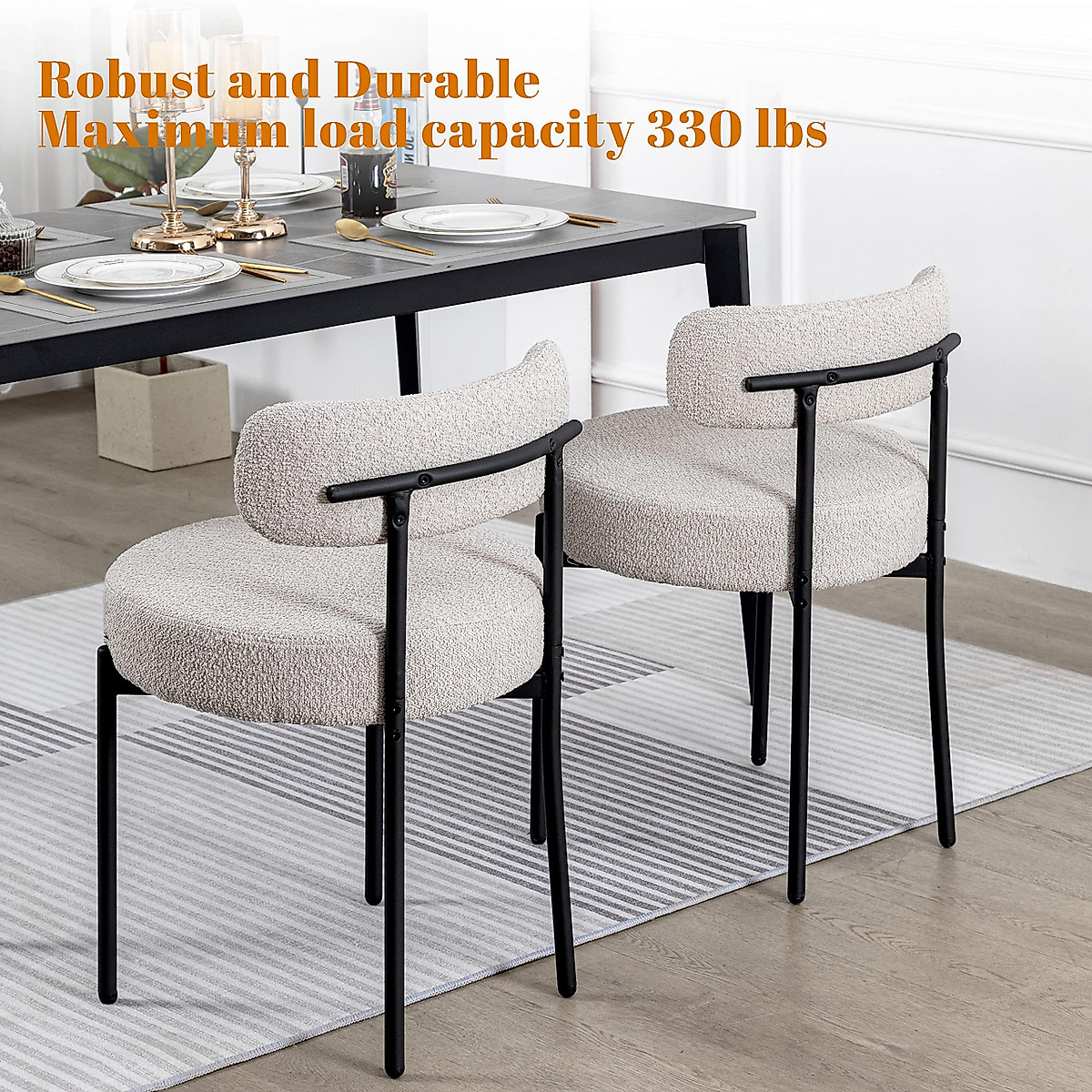 DYHOME Light Grey Dining Chairs Set of 4, Modern Dining Room Chairs Mid-Century, Round Upholstered Kitchen Chairs with Black Metal Legs, Boucle Sherpa Dining Chair