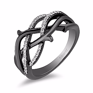 Jewelili Enchanted Disney Fine Jewelry Black Rhodium over Sterling Silver 1/6 Cttw Natural White Round Diamond Maleficent Ring, Size 9