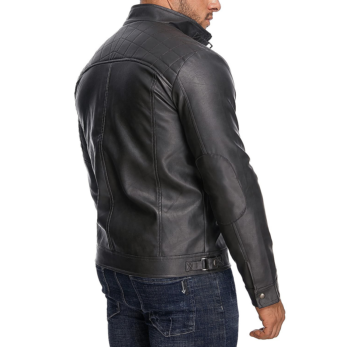 HOOD CREW Men’s Stand Collar Leather Jacket Casual Faux Leather Motorcycle Jacket Outerwear Coat with Zipper Pockets Black XXL