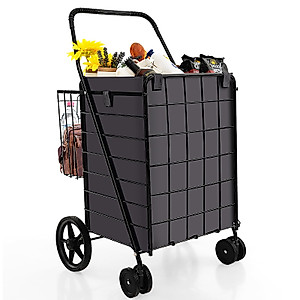 S AFSTAR Shopping Cart with Oxford Liner Bag, 27 Gal Folding Grocery Cart on Wheels, Double Basket, 330 LBS Weight Capacity, Portable Granny Cart Shopping Cart for Market Laundry (Black)