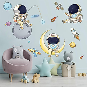 Astronaut Wall Stickers for Boys Bedroom, DILIBRA Cartoon Spaceman Outer Planet Creative DIY Art Vinyl Removable Wall Decal, Star Spaceship UFO Glaxy Wallpaper Decor for Kid’s Room Nursery