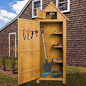 Outdoor Storage Shed with Floor, Outside Wooden Storage Cabinet with Waterproof Roof, Shelves and Hooks, Weather Resistant Tool Shed with Lockable Door for Yard, Garden, Patio, Backyard (Yellow)