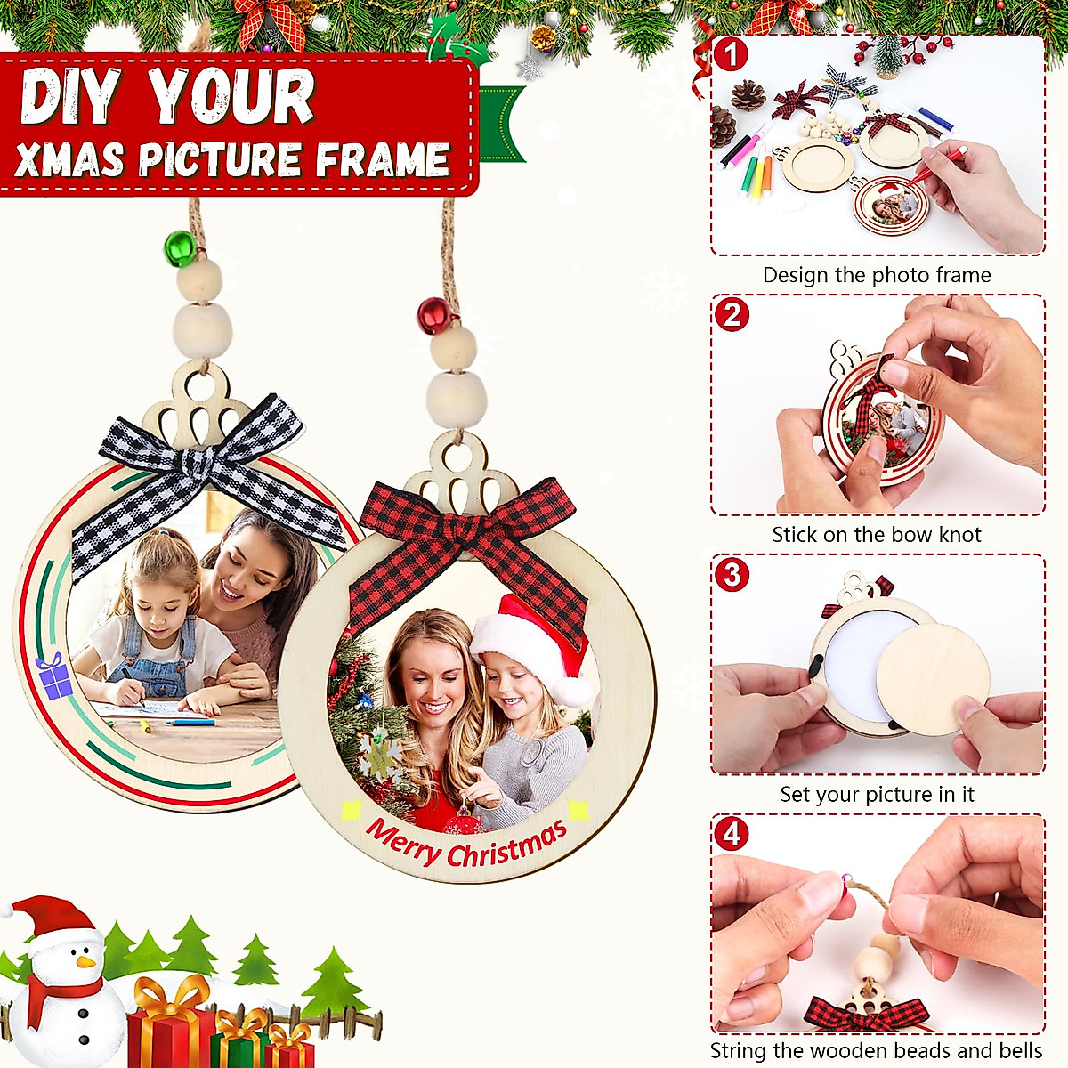OurWarm 24Pcs Christmas Picture Frame Ornament DIY Wooden Photo Ornaments for Christmas Tree, 2023 Unfinished Personalized Hanging Christmas Ornaments for Xmas Holiday Presents Tree Decorations