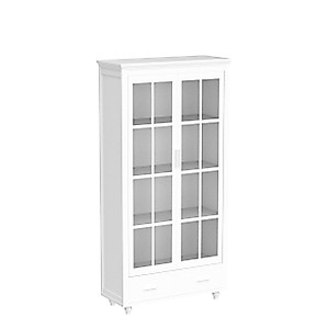 ECACAD Bookcase Storage Cabinet with Glass Doors & Drawer, 3-Tier Wooden Bookshelf Display Cabinet for Living Room, Home Office, White (36.2”L x 14.6”W x 70.9”H)