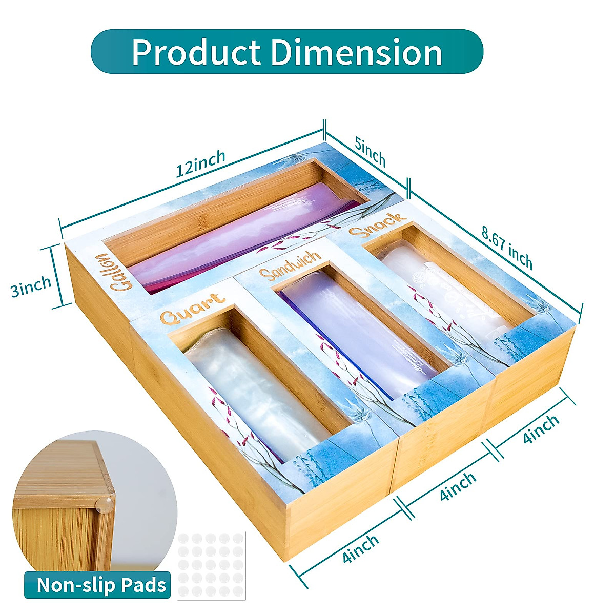 BWMB Group Bamboo Baggie Holder, Bag Storage Organizer for Kitchen Drawer, Compatible with Ziploc, Solimo, Glad, Hefty for Gallon, Quart, Sandwich & Snack, Food Storage (4 pieces)